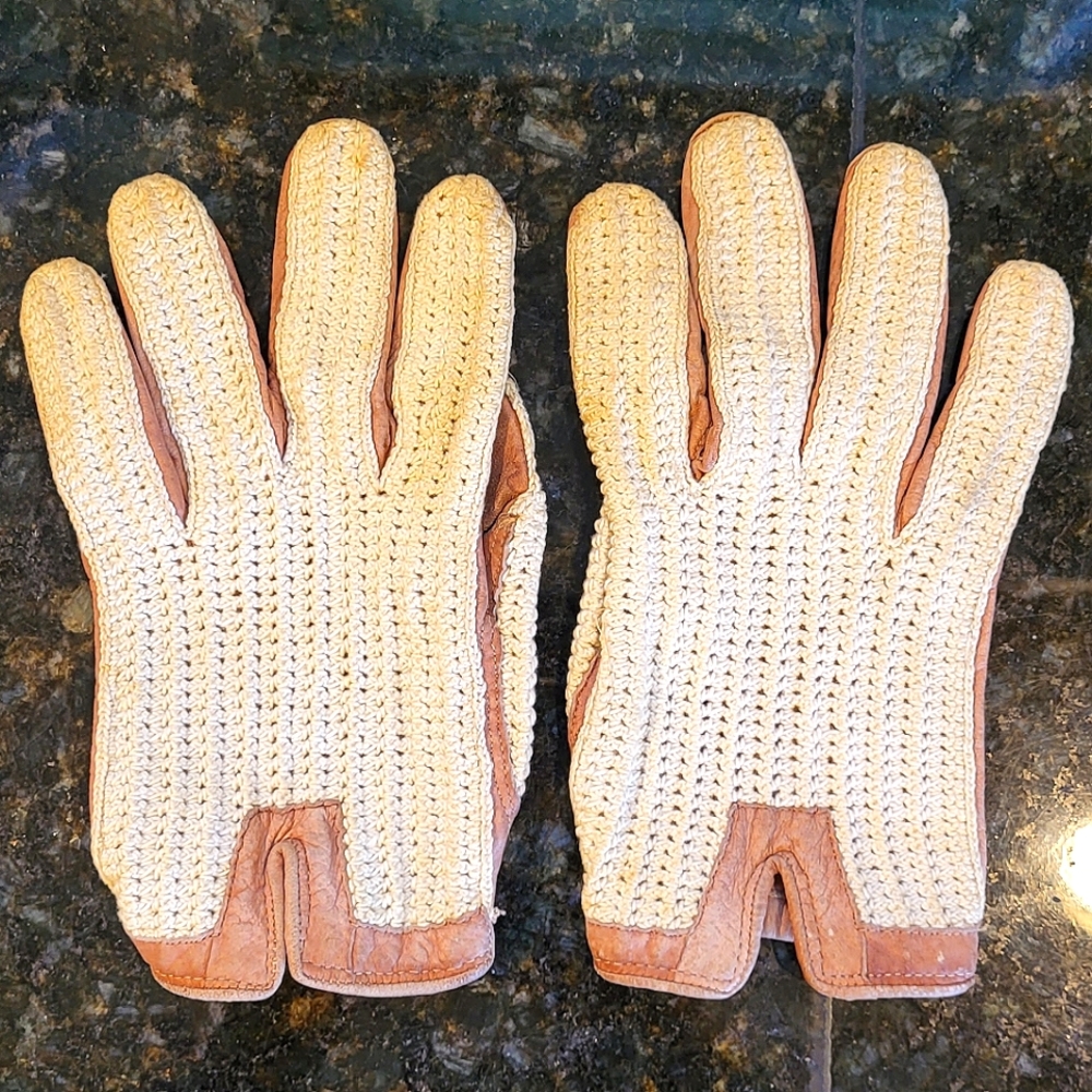 Vintage Brown Leather And Cream Crochet Driving Gloves - Gem